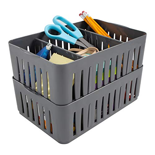 Simplify 3 Compartment Stackable Bin with Adjustable Dividers | Drawer Organizer | Storage Basket | Good for Office | Desk Supplies | Dorm | Bathroom | Accessories | Make Up | Grey