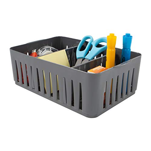 Simplify 3 Compartment Stackable Bin with Adjustable Dividers | Drawer Organizer | Storage Basket | Good for Office | Desk Supplies | Dorm | Bathroom | Accessories | Make Up | Grey