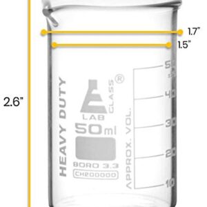 EISCO 12PK Heavy Duty Beakers, 50ml - 5mm Thick, Uniform Walls - Superior Durability & Chemical Resistance - White Graduations - Borosilicate 3.3 Glass