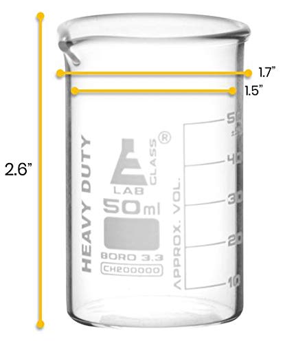 EISCO 12PK Heavy Duty Beakers, 50ml - 5mm Thick, Uniform Walls - Superior Durability & Chemical Resistance - White Graduations - Borosilicate 3.3 Glass