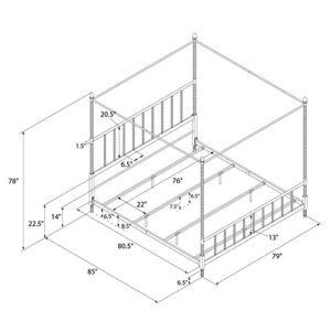 Pemberly Row King Size Canopy Bed with Headboard, Footboard, Metal Slats in Metal, in Black, No Box Spring Needed, Easy Assembly