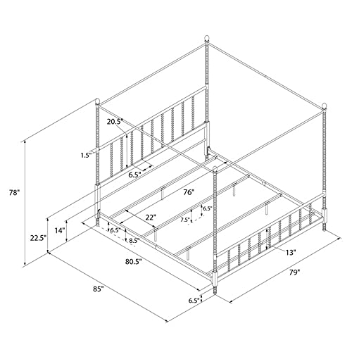 Pemberly Row King Size Canopy Bed with Headboard, Footboard, Metal Slats in Metal, in Black, No Box Spring Needed, Easy Assembly