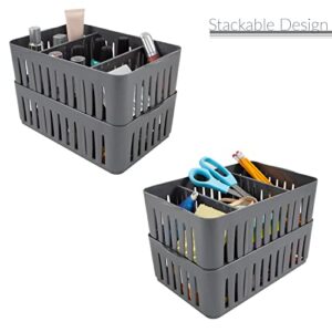 Simplify 3 Compartment Stackable Bin with Adjustable Dividers | Drawer Organizer | Storage Basket | Good for Office | Desk Supplies | Dorm | Bathroom | Accessories | Make Up | Grey