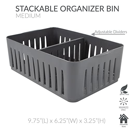 Simplify 3 Compartment Stackable Bin with Adjustable Dividers | Drawer Organizer | Storage Basket | Good for Office | Desk Supplies | Dorm | Bathroom | Accessories | Make Up | Grey