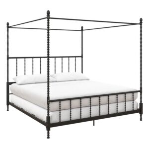 pemberly row king size canopy bed with headboard, footboard, metal slats in metal, in black, no box spring needed, easy assembly