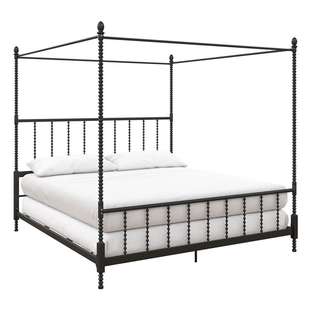 Pemberly Row King Size Canopy Bed with Headboard, Footboard, Metal Slats in Metal, in Black, No Box Spring Needed, Easy Assembly