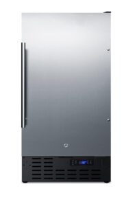 summit appliance bim18ss 18" wide frost-free icemaker in for built-in or freestanding use with stainless steel door and black cabinet, factory installed lock, digital thermostat, digital display