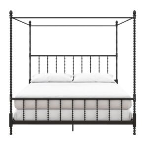 Pemberly Row King Size Canopy Bed with Headboard, Footboard, Metal Slats in Metal, in Black, No Box Spring Needed, Easy Assembly