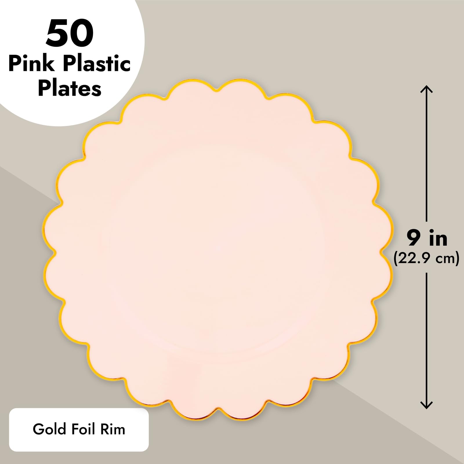 Sparkle and Bash 50 Pack Pink and Gold Plastic Plates, 9 Inch Scalloped Plates with Gold Rim for Birthday Party, Baby Shower