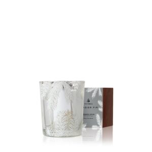 thymes frasier fir candle – pine needle design – holiday candles – scented candle – notes of crisp siberian fir, cedarwood & sandalwood – luxury home fragrance – silver votive candle (statement, 2 oz)