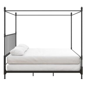 Pemberly Row King Size Canopy Bed with Headboard, Footboard, Metal Slats in Metal, in Black, No Box Spring Needed, Easy Assembly