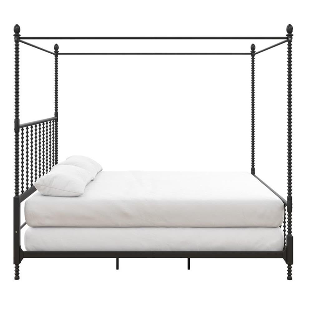 Pemberly Row King Size Canopy Bed with Headboard, Footboard, Metal Slats in Metal, in Black, No Box Spring Needed, Easy Assembly