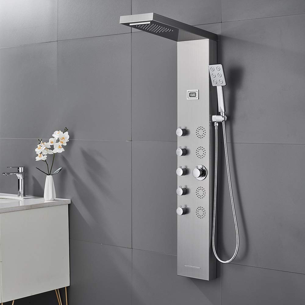 MENATT Shower Panel Tower System, SUS304 Stainless Steel 5-IN-1 Shower Column with 4 Body Massage Jets, Rainfall & Waterfall Shower, Handheld Shower, Bathtub Spout