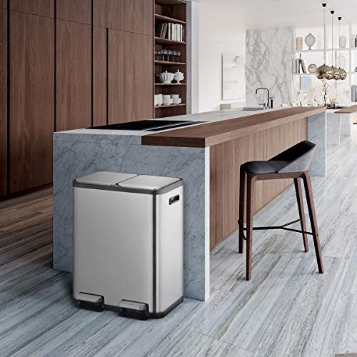 EKO EcoCasa 30L+30L Dual Trash Can with Recycle Bin, Stainless Steel Independent Pedals and Lids, 2 x 8 Gal Trashcans for Kitchen, Soft Close, Fingerprint Resistant