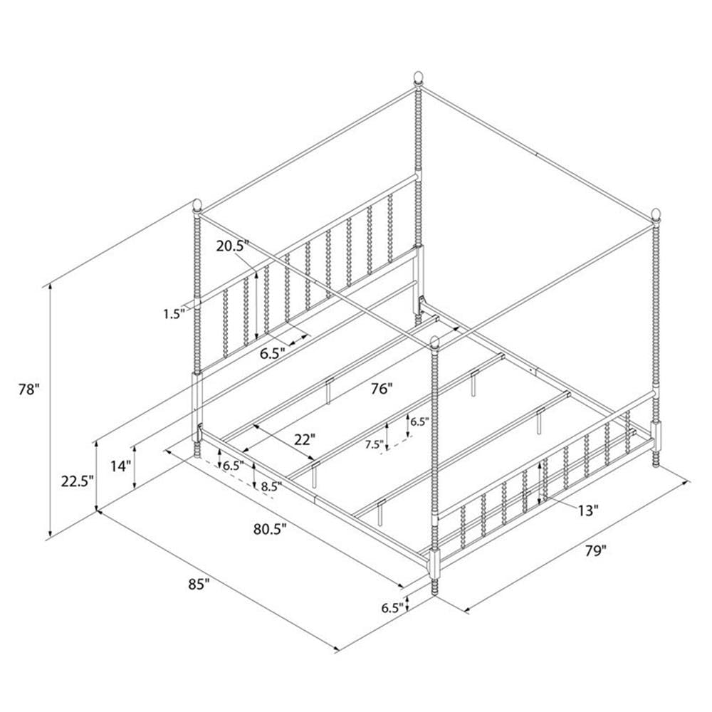 Pemberly Row King Size Canopy Bed with Headboard, Footboard, Metal Slats in Metal, in Black, No Box Spring Needed, Easy Assembly