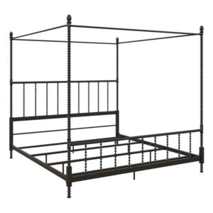 Pemberly Row King Size Canopy Bed with Headboard, Footboard, Metal Slats in Metal, in Black, No Box Spring Needed, Easy Assembly