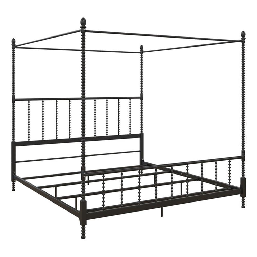 Pemberly Row King Size Canopy Bed with Headboard, Footboard, Metal Slats in Metal, in Black, No Box Spring Needed, Easy Assembly