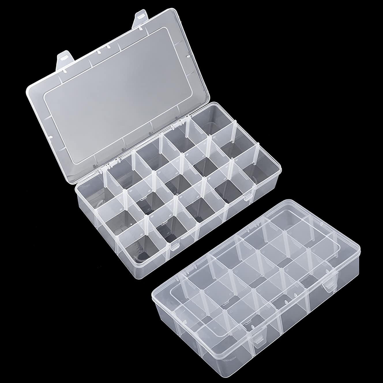 Snowkingdom 2 Pack Large 15 Grid Clear Organizer Box Adjustable Dividers - Plastic Compartment Storage Container for Washi Tapes, Craft, Beads, Jewelry, Small Parts