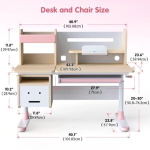 FCD Wood Adjustable Height Kids Study Desk Drafting Table Computer Station Built-in Bookshelf Hutch Multi Function (Pink)