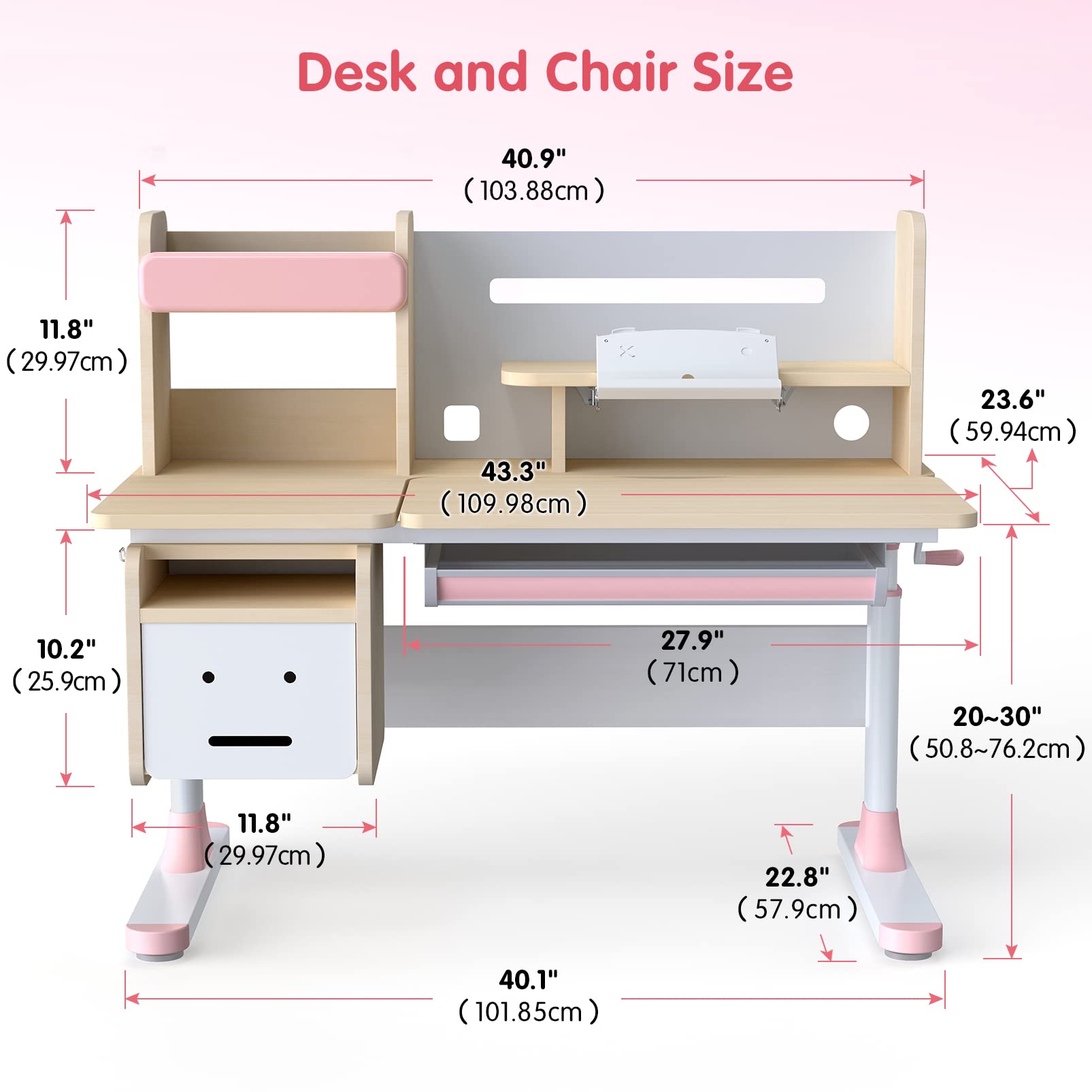 FCD Wood Adjustable Height Kids Study Desk Drafting Table Computer Station Built-in Bookshelf Hutch Multi Function (Pink)