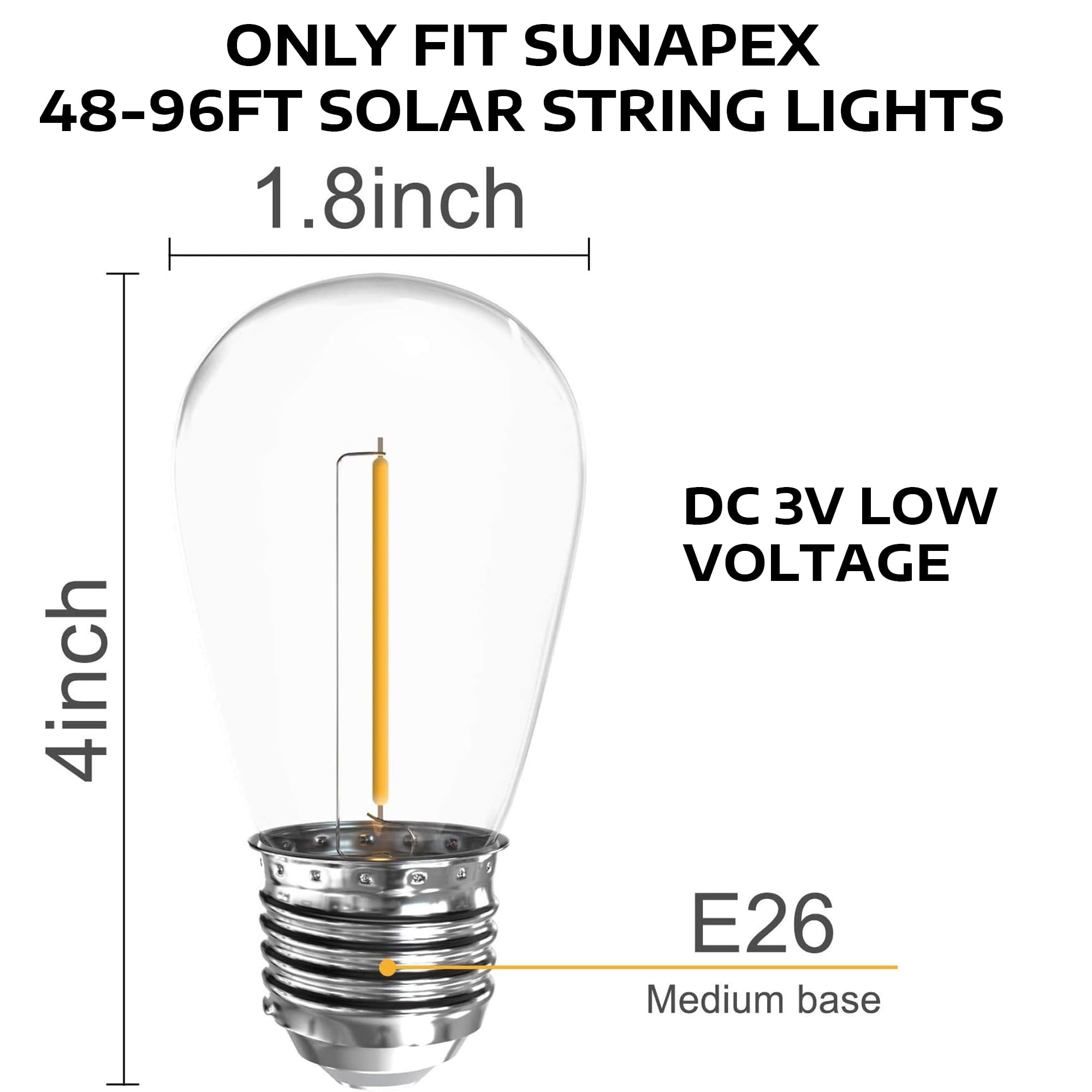 SUNAPEX S14 LED Replacement Bulbs ONLY Compatiable 48-96 FT Solar String Lights, DC 3V Low Voltage 2700K Warm White Weatherproof E26 Screw Base Non-dimmable