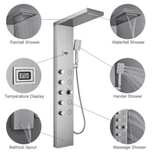 MENATT Shower Panel Tower System, SUS304 Stainless Steel 5-IN-1 Shower Column with 4 Body Massage Jets, Rainfall & Waterfall Shower, Handheld Shower, Bathtub Spout