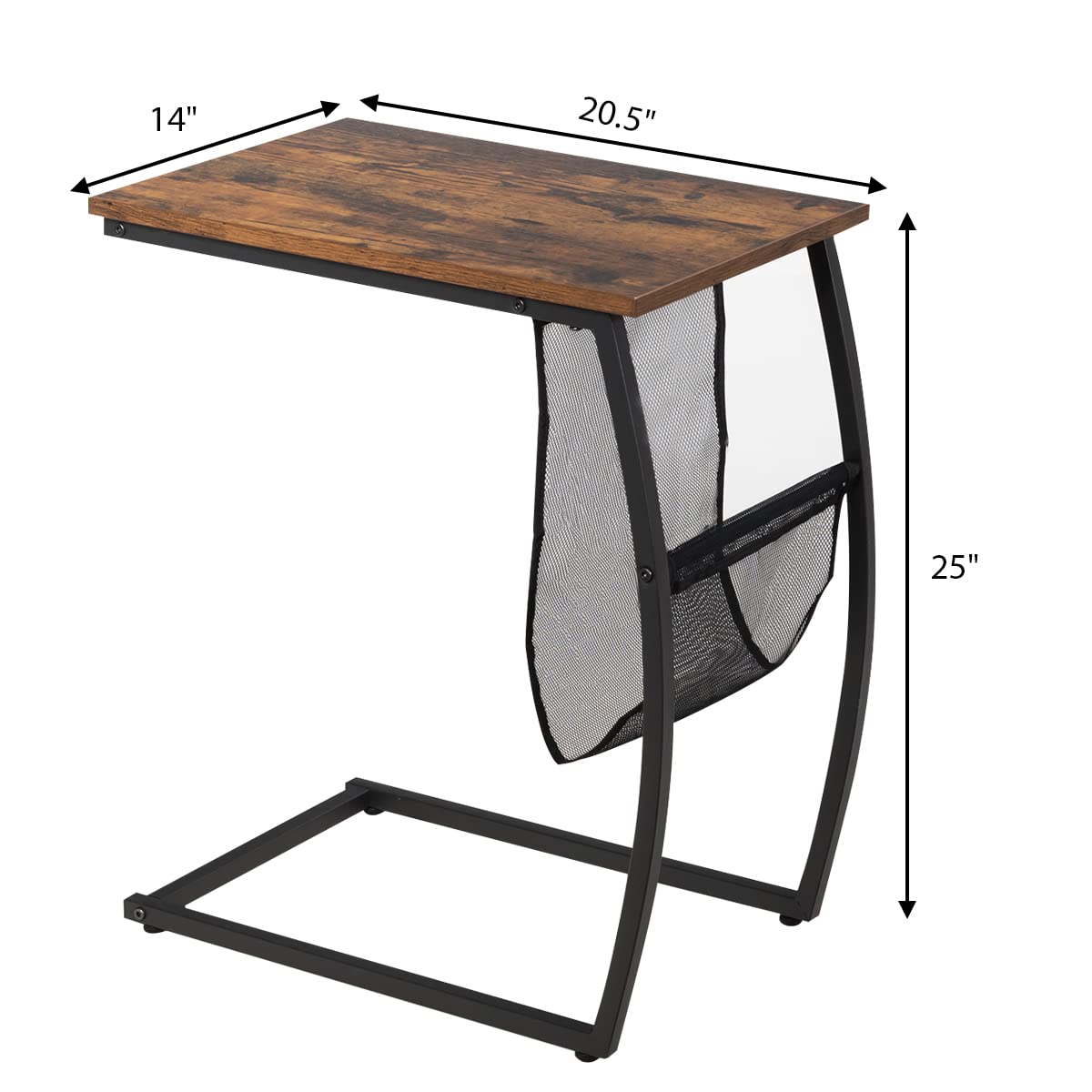 Tangkula Sofa Side End Table, C Table Snack Table with Side Pocket & Metal Frame, Over Bed Table Industrial Side Table for Sofa Couch Bed, Living Room, Bedroom (Rustic Brown)