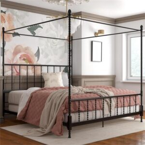 Pemberly Row King Size Canopy Bed with Headboard, Footboard, Metal Slats in Metal, in Black, No Box Spring Needed, Easy Assembly