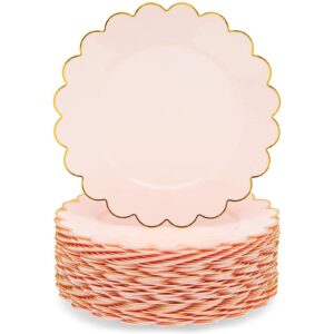 sparkle and bash 50 pack pink and gold plastic plates, 9 inch scalloped plates with gold rim for birthday party, baby shower