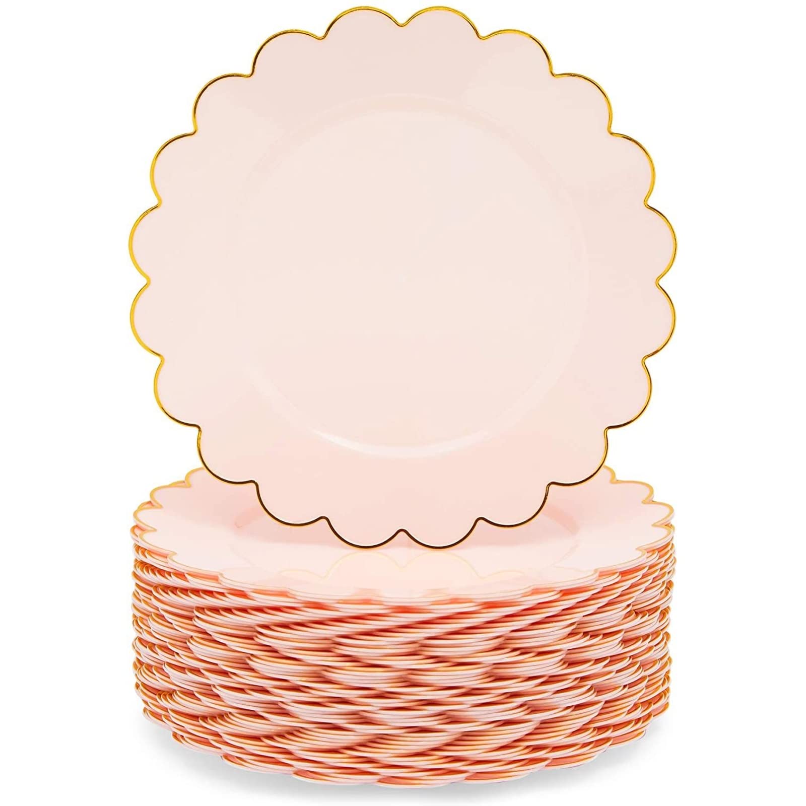 Sparkle and Bash 50 Pack Pink and Gold Plastic Plates, 9 Inch Scalloped Plates with Gold Rim for Birthday Party, Baby Shower