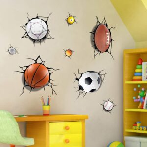 Supzone Sport Balls Wall Decals 3D Wall Stickers Break Through The Wall Removable Vinyl DIY Basketball Rugby Baseball Football Wall Decor Boys Playroom Bedroom Classroom Living Room