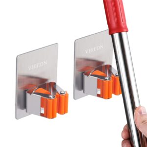 vhiedn broom and mop holder wall mounted, stainless steel self-adhesive single broom hanger hook,organizer rack for kitchen garage closet pantry refrigerator,rectangle - orange (2 pack)