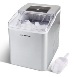 jalantek counter top ice maker machine with self-cleaning, 9 ice cubes ready in 8 minutes, 26lbs bullet ice cubes in 24h, with ice scoop and basket. perfect for home/kitchen/office.(sliver)