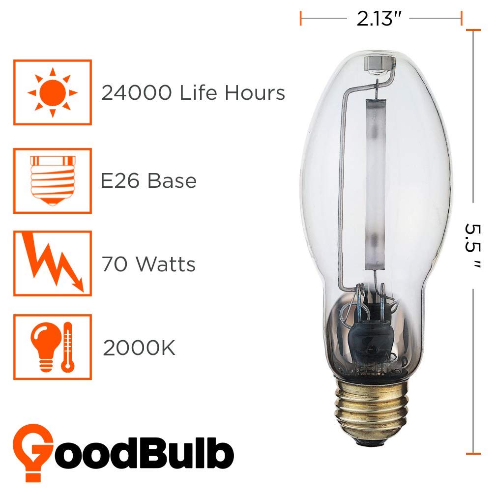 GoodBulb 70-Watt High Pressure Sodium HID Light Bulb | E26 Base ED17 ANSI Code S62 | 2000K Warm White Color | Clear Finish | 24000 Life Hours (Pack of 2 Bulbs)