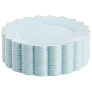 Sparkle and Bash 50-Pack Baby Blue Disposable Plates - Scalloped Plastic Plates with Gold Foil Rim for Birthday Party, Baby Shower (9 Inches)