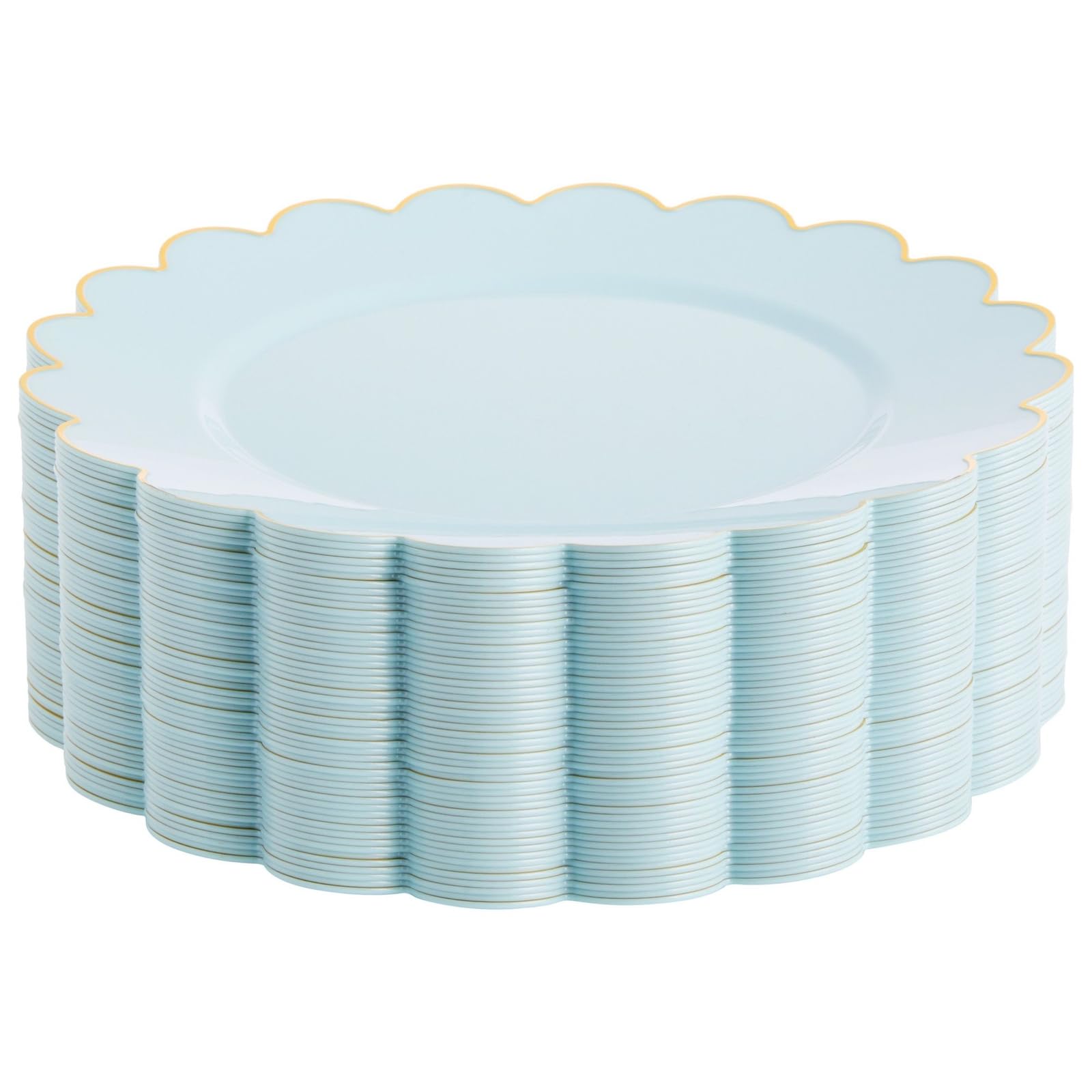 Sparkle and Bash 50-Pack Baby Blue Disposable Plates - Scalloped Plastic Plates with Gold Foil Rim for Birthday Party, Baby Shower (9 Inches)