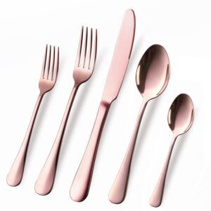 copper/rose gold silverware set, ogori 40-piece stainless steel flatware set, kitchen utensil set service for 8, mirror polished tableware cutlery set for home and restaurant, dishwasher safe