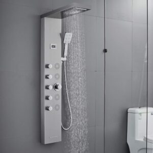 MENATT Shower Panel Tower System, SUS304 Stainless Steel 5-IN-1 Shower Column with 4 Body Massage Jets, Rainfall & Waterfall Shower, Handheld Shower, Bathtub Spout