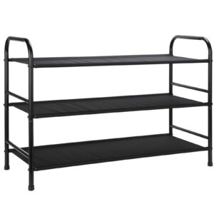 3-tier shoe rack for closet, metal shoe organizer free standing shoe shelf for entryway and closet hallway, shoe storage cabinet for 12 pairs of shoes for tight spaces, tool-free installation, black