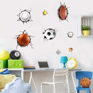 Supzone Sport Balls Wall Decals 3D Wall Stickers Break Through The Wall Removable Vinyl DIY Basketball Rugby Baseball Football Wall Decor Boys Playroom Bedroom Classroom Living Room