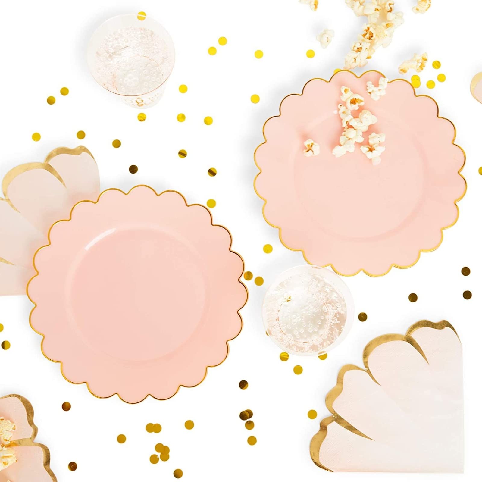 Sparkle and Bash 50 Pack Pink and Gold Plastic Plates, 9 Inch Scalloped Plates with Gold Rim for Birthday Party, Baby Shower