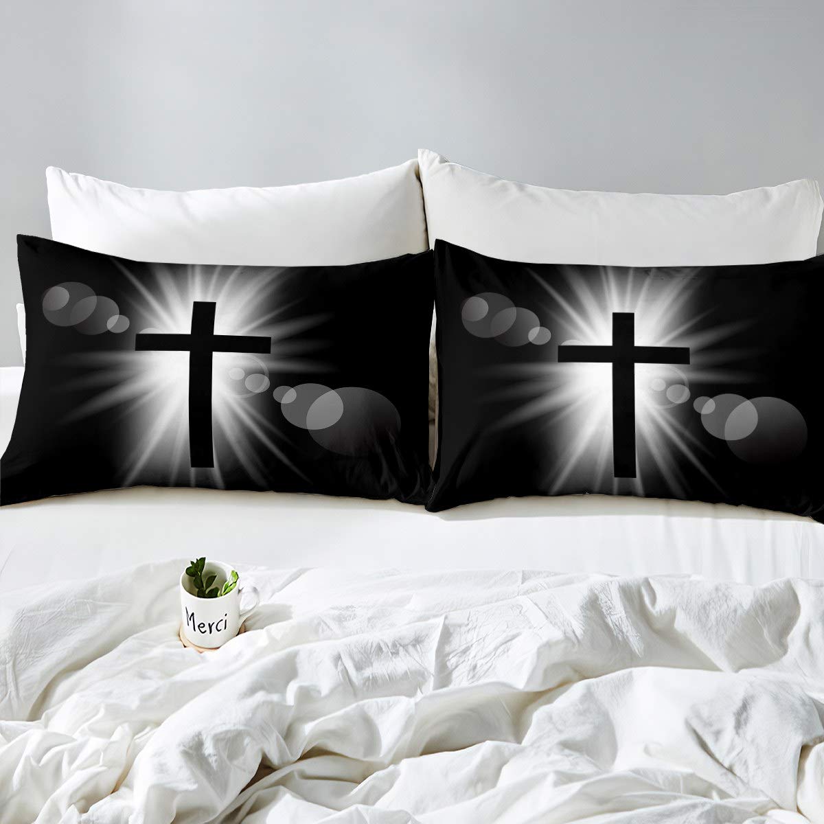 Feelyou 3D Cross Print Comforter Cover Set for Boys Girls Adults Holy Cross Bedding Set Western Culture Duvet Cover Christian Exotic Bedspread Cover,Room Decor 3Pcs Bedding Queen Size,Black