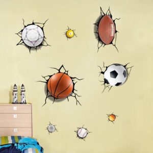 Supzone Sport Balls Wall Decals 3D Wall Stickers Break Through The Wall Removable Vinyl DIY Basketball Rugby Baseball Football Wall Decor Boys Playroom Bedroom Classroom Living Room