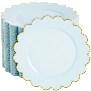 sparkle and bash 50-pack baby blue disposable plates - scalloped plastic plates with gold foil rim for birthday party, baby shower (9 inches)