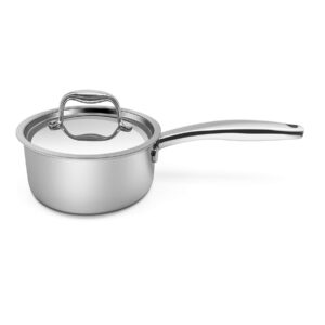 fortune candy 1.6-quart saucepan with lid, tri-ply, 18/10 stainless steel, comfortable grip & advanced welding technology, dishwasher safe, induction ready, mirror finish, silver