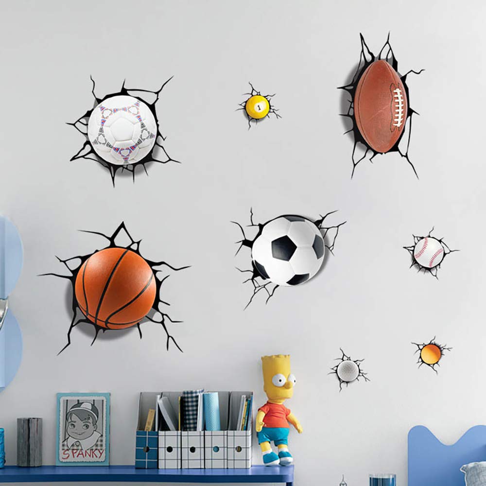 Supzone Sport Balls Wall Decals 3D Wall Stickers Break Through The Wall Removable Vinyl DIY Basketball Rugby Baseball Football Wall Decor Boys Playroom Bedroom Classroom Living Room