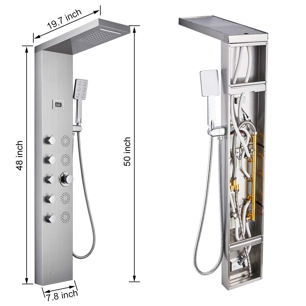 MENATT Shower Panel Tower System, SUS304 Stainless Steel 5-IN-1 Shower Column with 4 Body Massage Jets, Rainfall & Waterfall Shower, Handheld Shower, Bathtub Spout