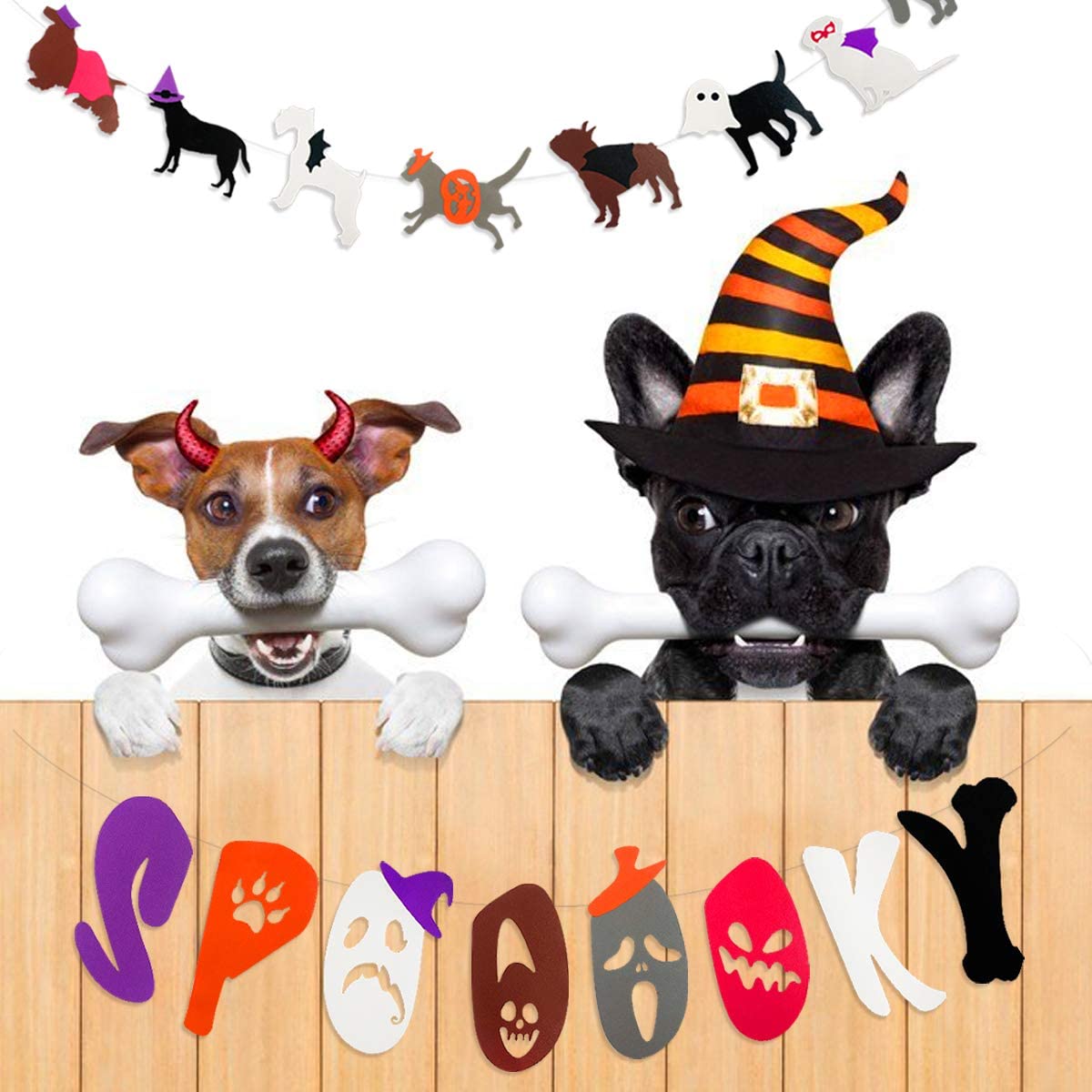 pinkblume Halloween Dog Party Decorations Spooky Puppy Hanging Bunting Banner with Ghosts Pumpkin Witch's hats Dog Paws and Bones for All Hallows Eve Happy Halloween Birthday Holiday Party Supplies