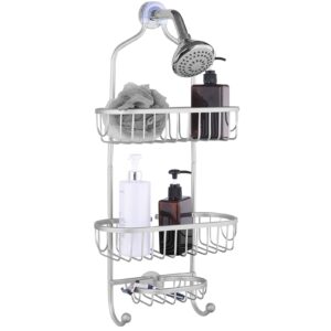 dailyart hanging shower caddy, shower head caddy hanging storage organizer over the shower head aluminum shampoo holder with extra basket hanging shower rack, silver, 11.8" x 4.7" x 25"