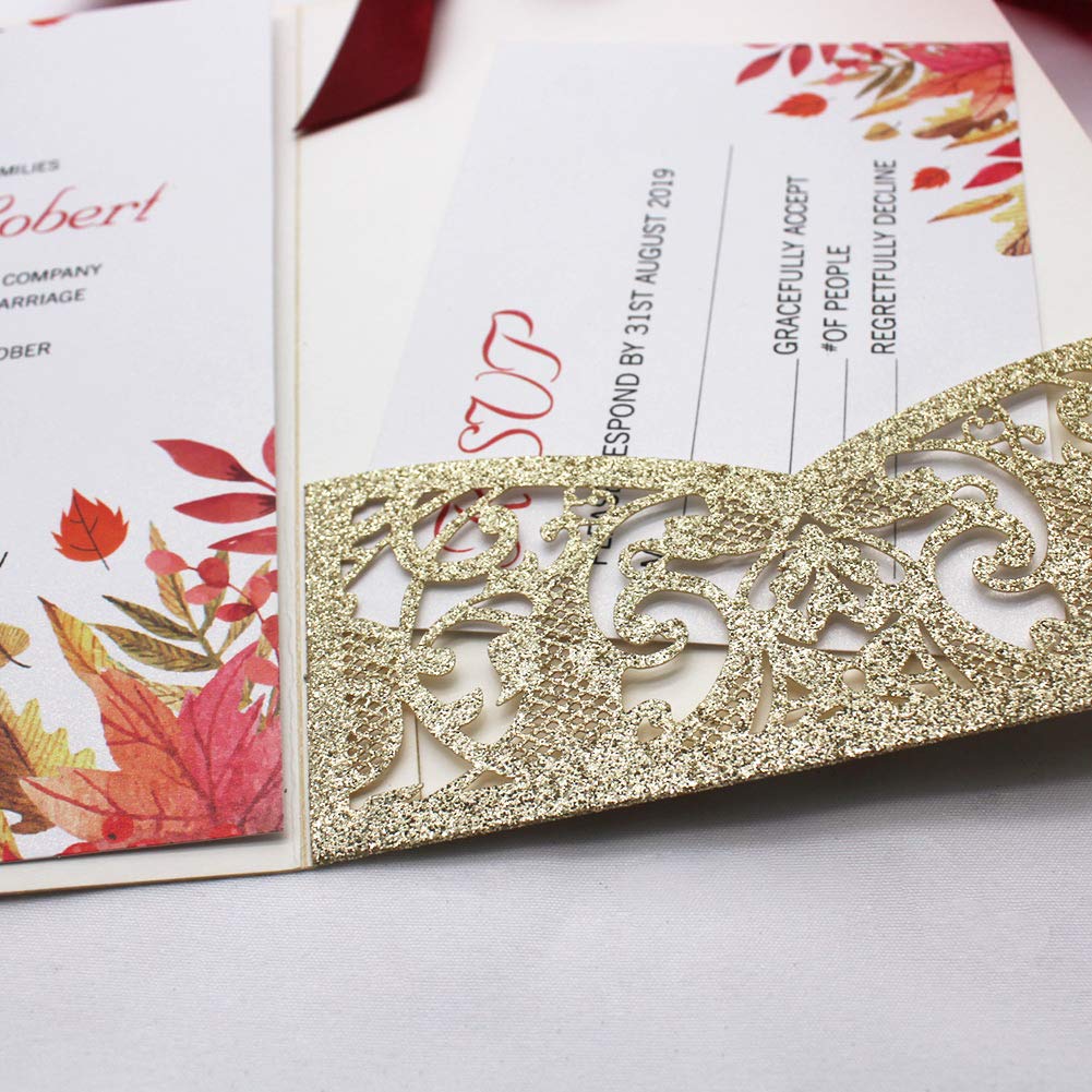 AdasBridal 25Pcs 250GSM Tri-Fold Glitter Wedding Invitations with RSVP Cards and Envelopes for Wedding Engagement Bridal Shower Birthday Quinceanera Party Invite(Gold Glitter, 7.09 X 4.92inch)